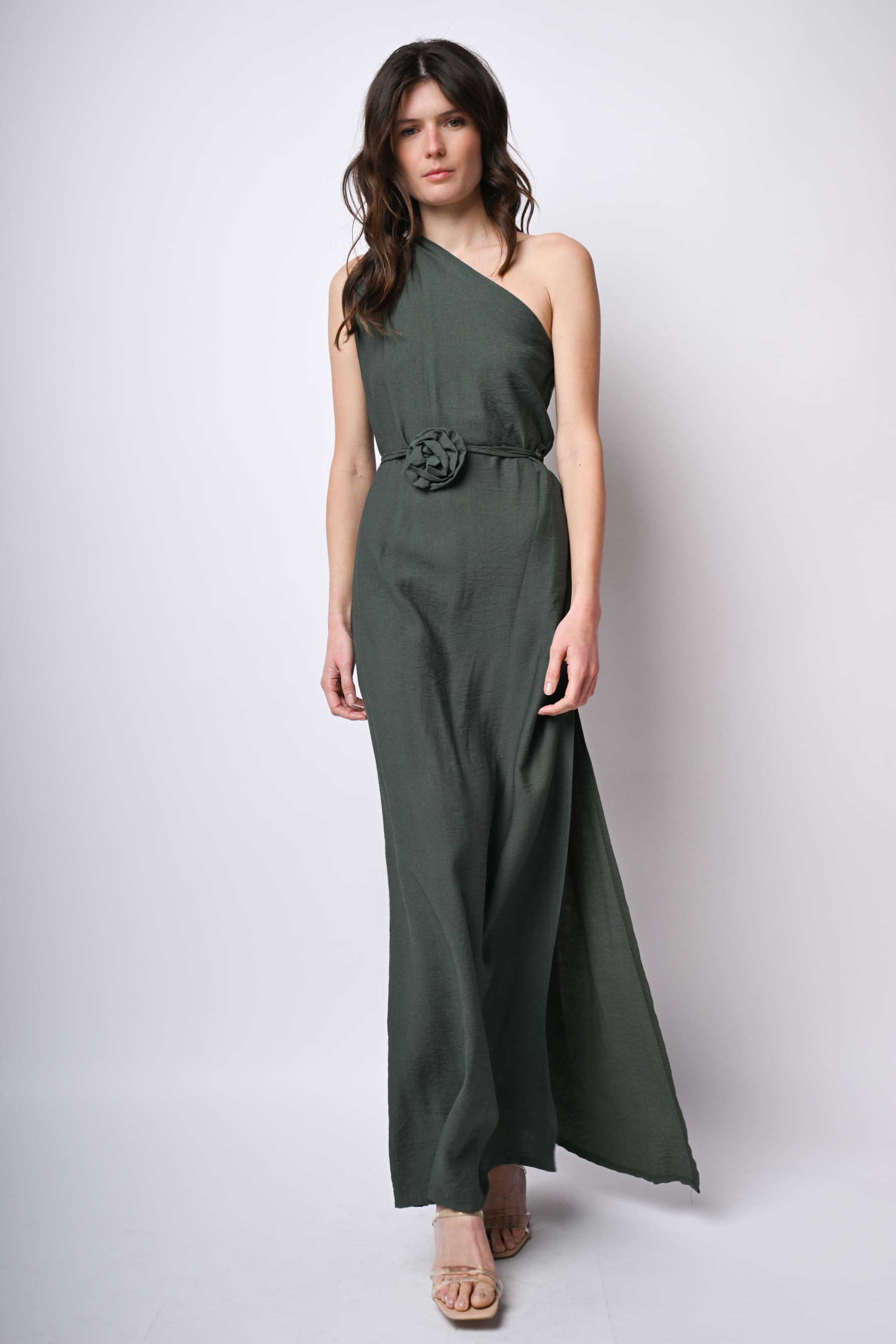 Abito lungo monospalla con cintura e rosa 3D – Nunalie