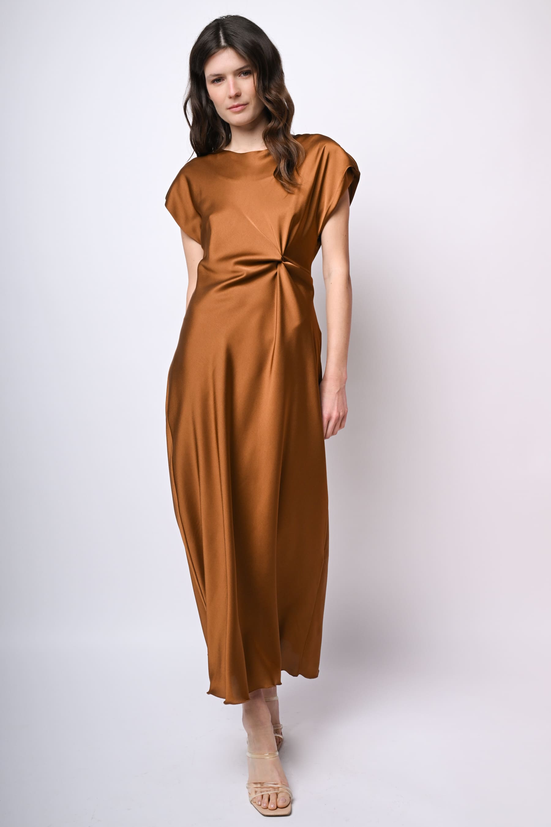 Abito midi in raso con nodo laterale – Nunalie